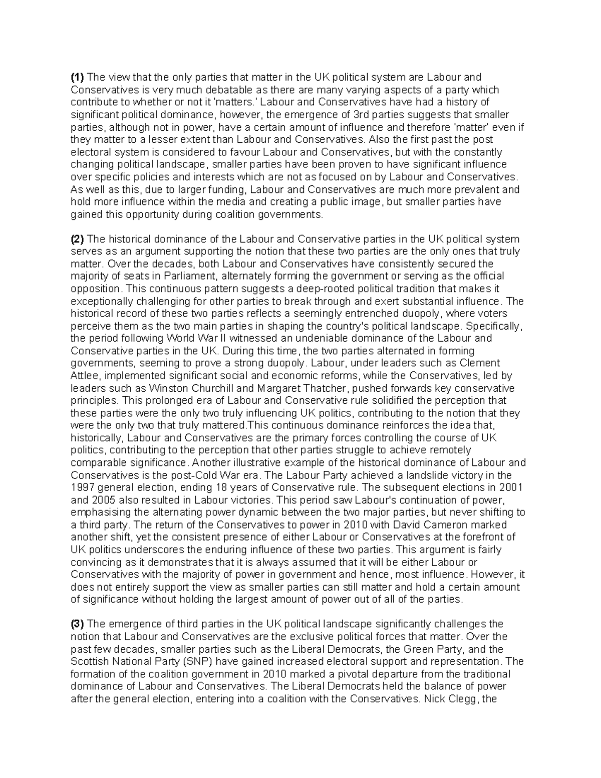 Parties essay - (1) The view that the only parties that matter in the ...