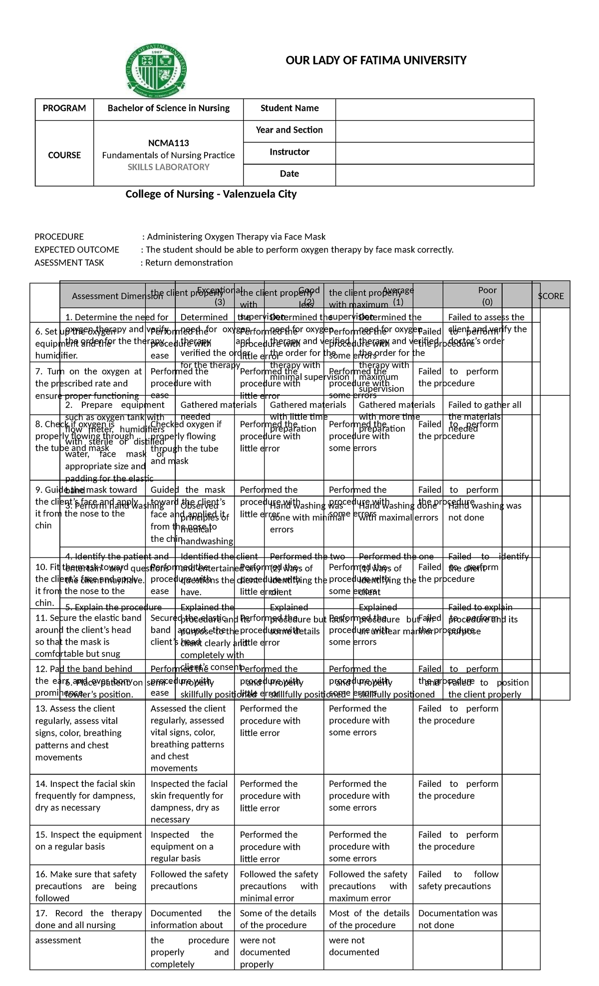Administering Oxygen Therapy via Face Mask Rubrics - OUR LADY OF FATIMA ...