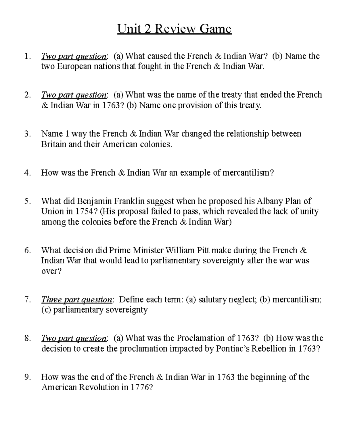 4 Unit 2 Review Game - Unit 2 Review Game 1. Two part question : (a ...
