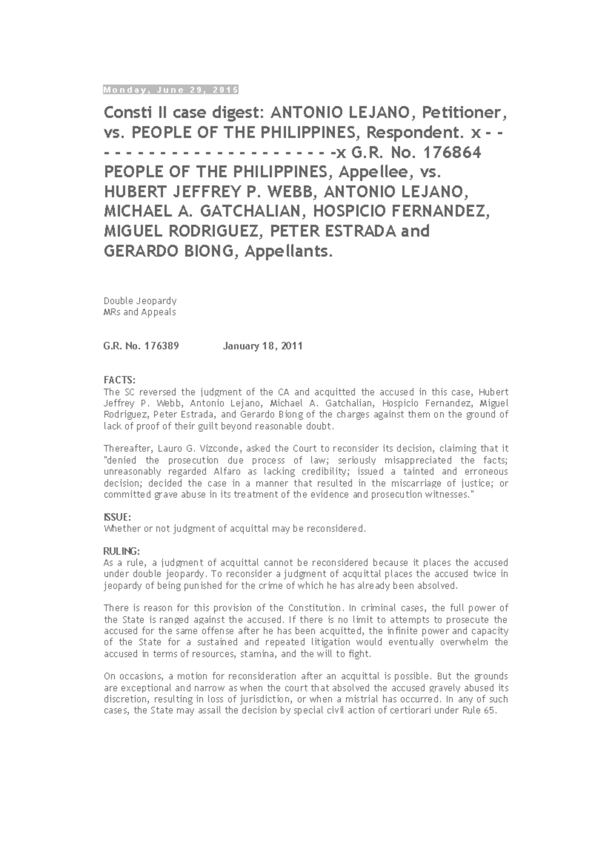 Chapter XIX Rights OF THE Accused MAY 25 2020 - M o n d a y , J u n e 2 9 , 2 0 1 5 Consti II ...