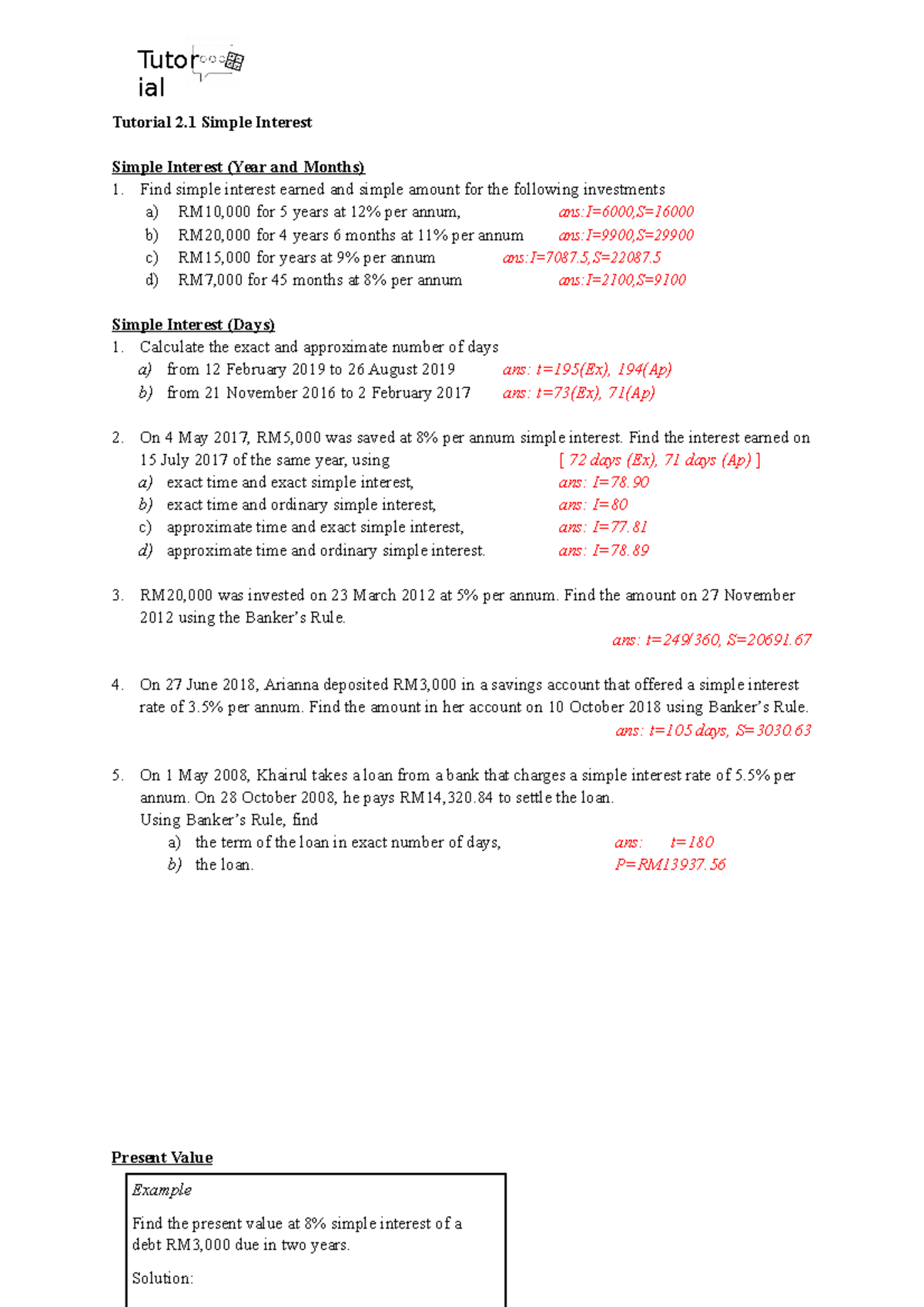 Tutorial 2.1 Simple Interest - Tutor ial Tutorial 2 Simple Interest ...
