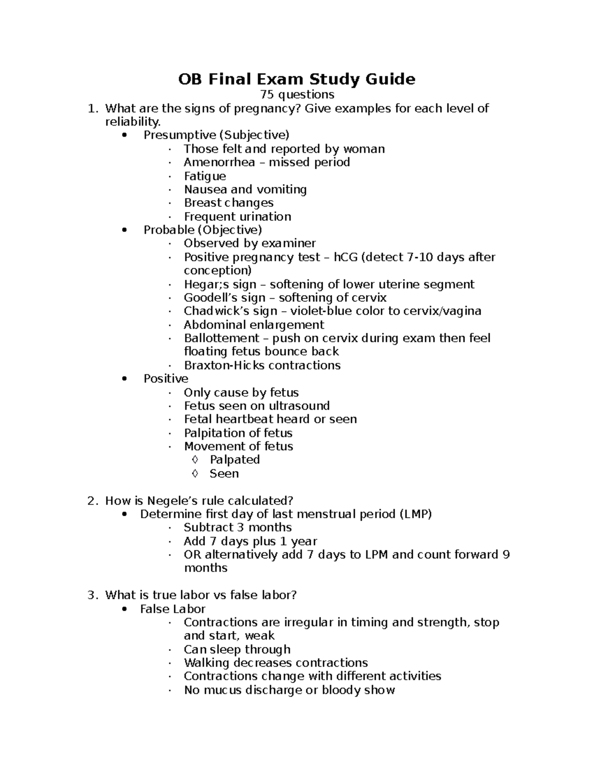 OB Final Exam Study Guide.docx - OB Final Exam Study Guide 75 questions What are the signs of ...