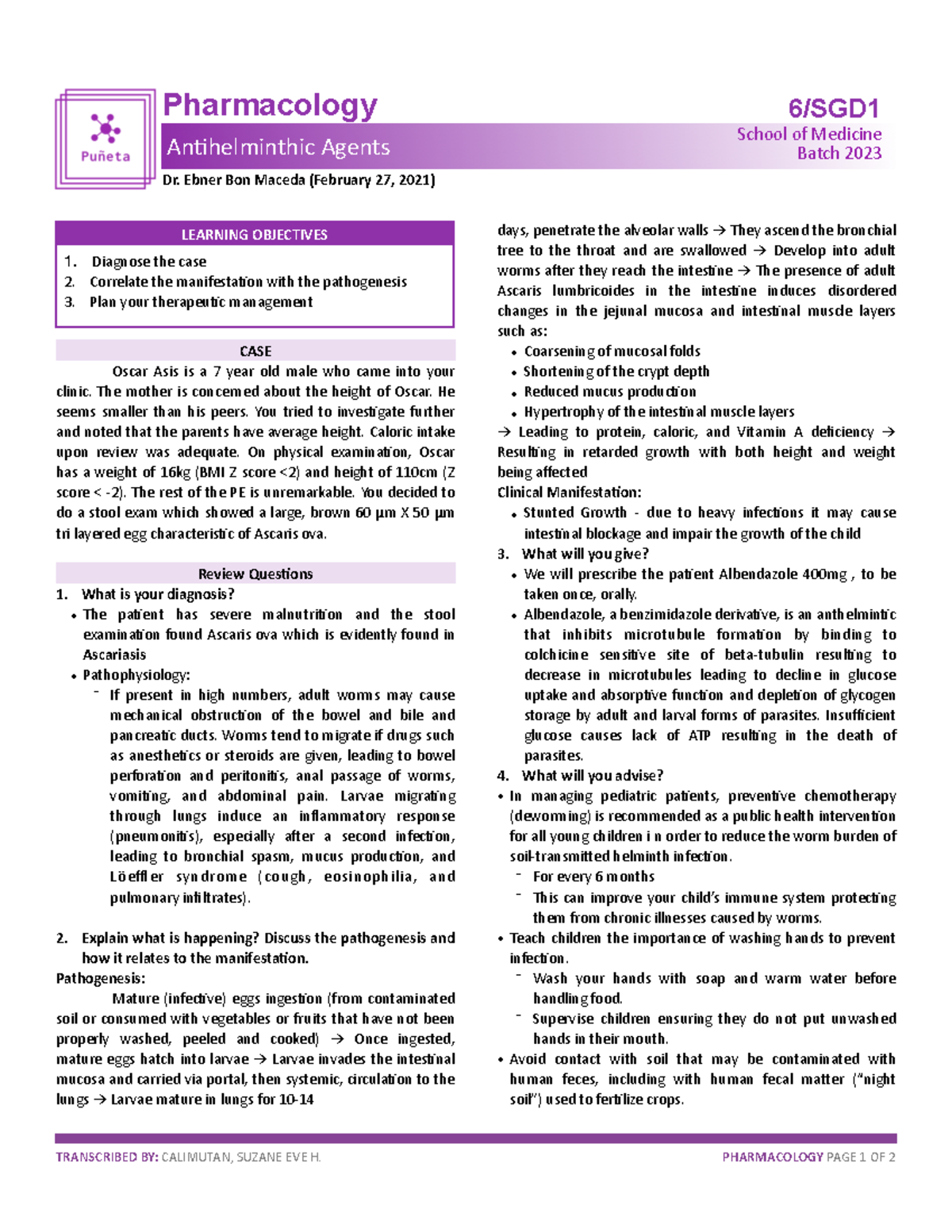 PCOL 6SGD1 Antihelminthic Agents - CASE Oscar Asis is a 7 year old male ...