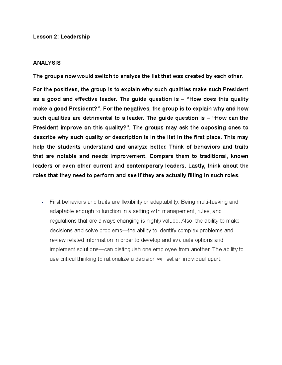 Lesson 2 - Lesson 2: Leadership ANALYSIS The groups now would switch to ...