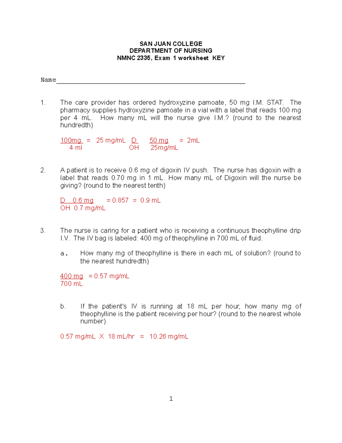 NMNC2335 Exam 1 Worksheet key as - DEPARTMENT OF NURSING NMNC 2335 ...