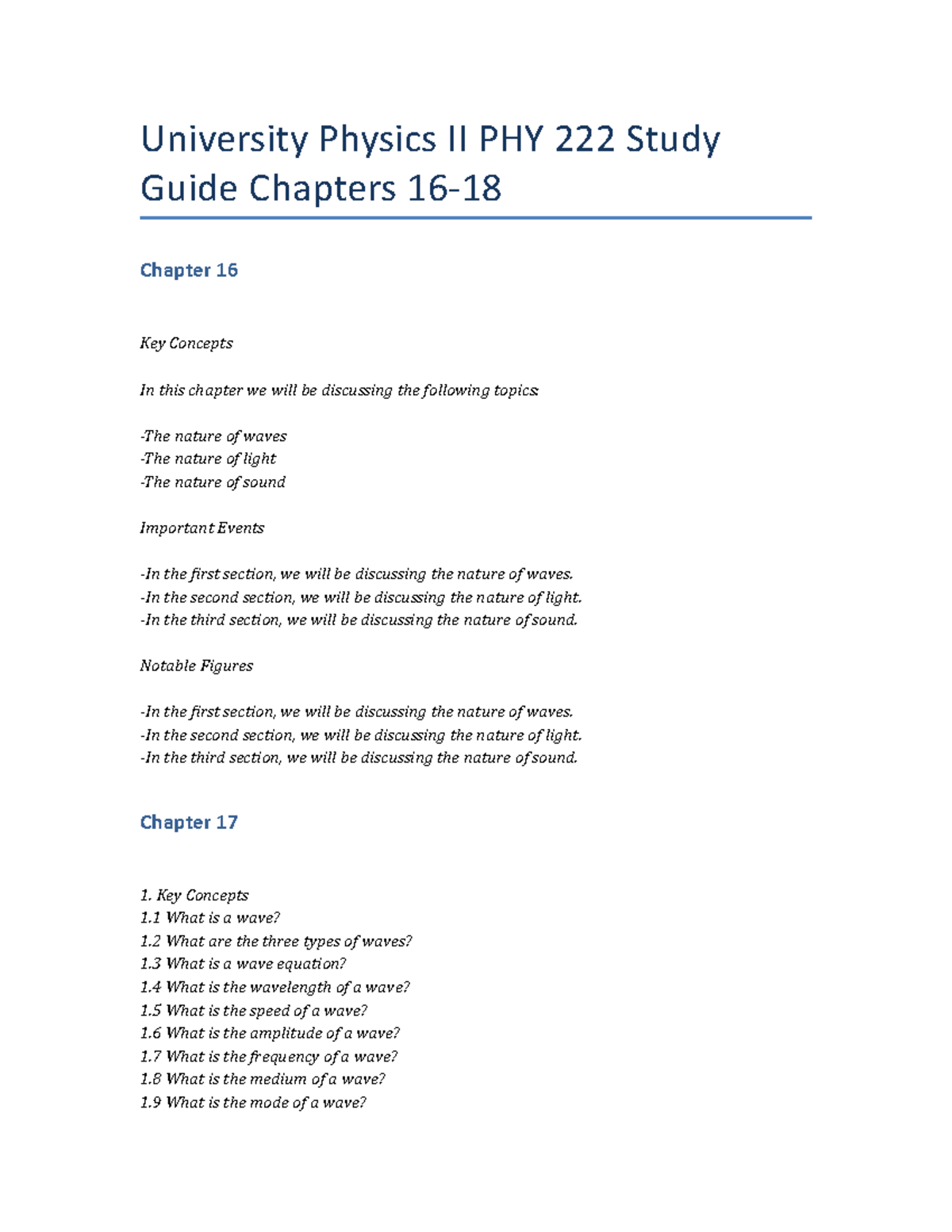 University Physics II PHY 222 Study Guide Chapters 16-18 - University ...
