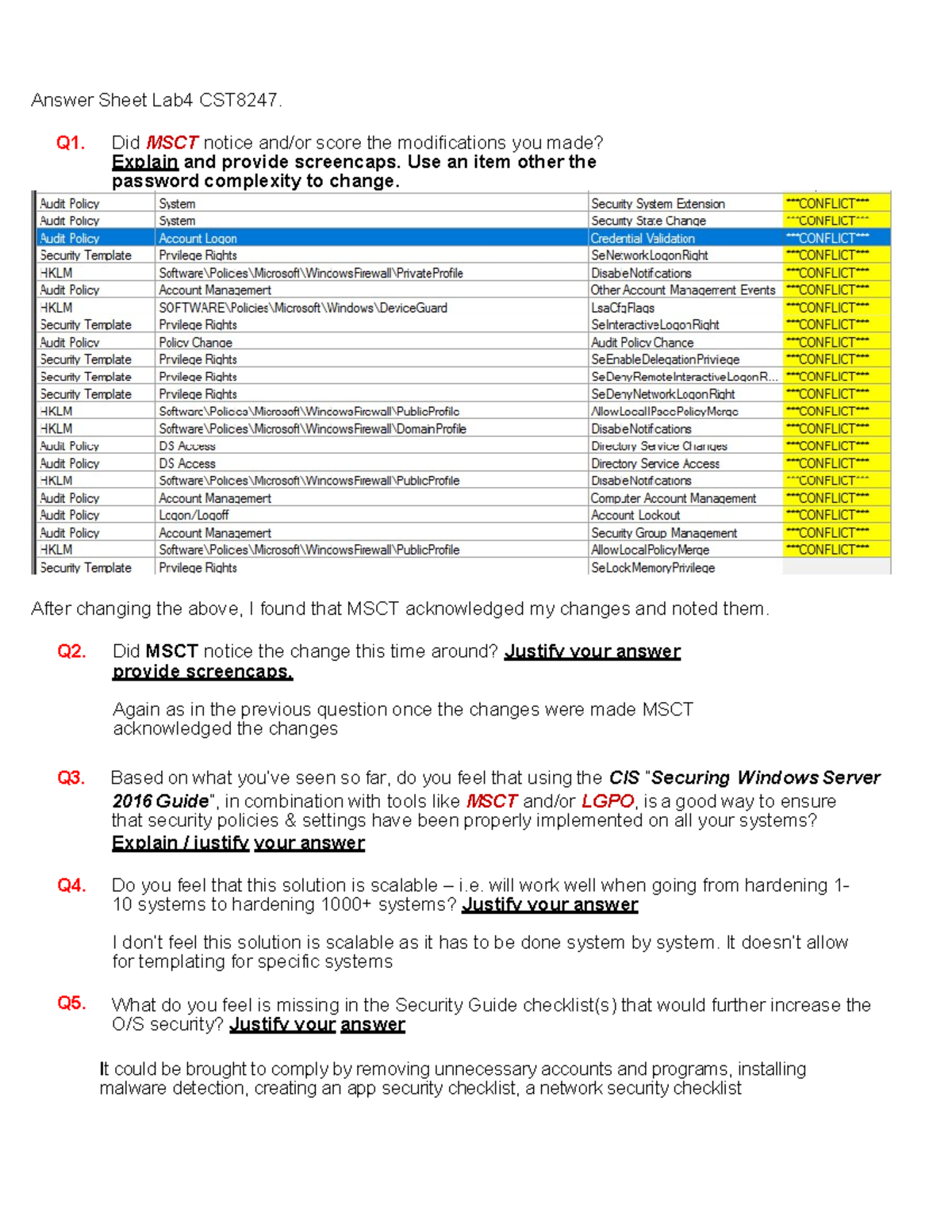 CST8247 Lab04 - Securing Windows (Answer Sheet)Revised 1 - Answer Sheet Lab4 CST8247. Q1. Did ...