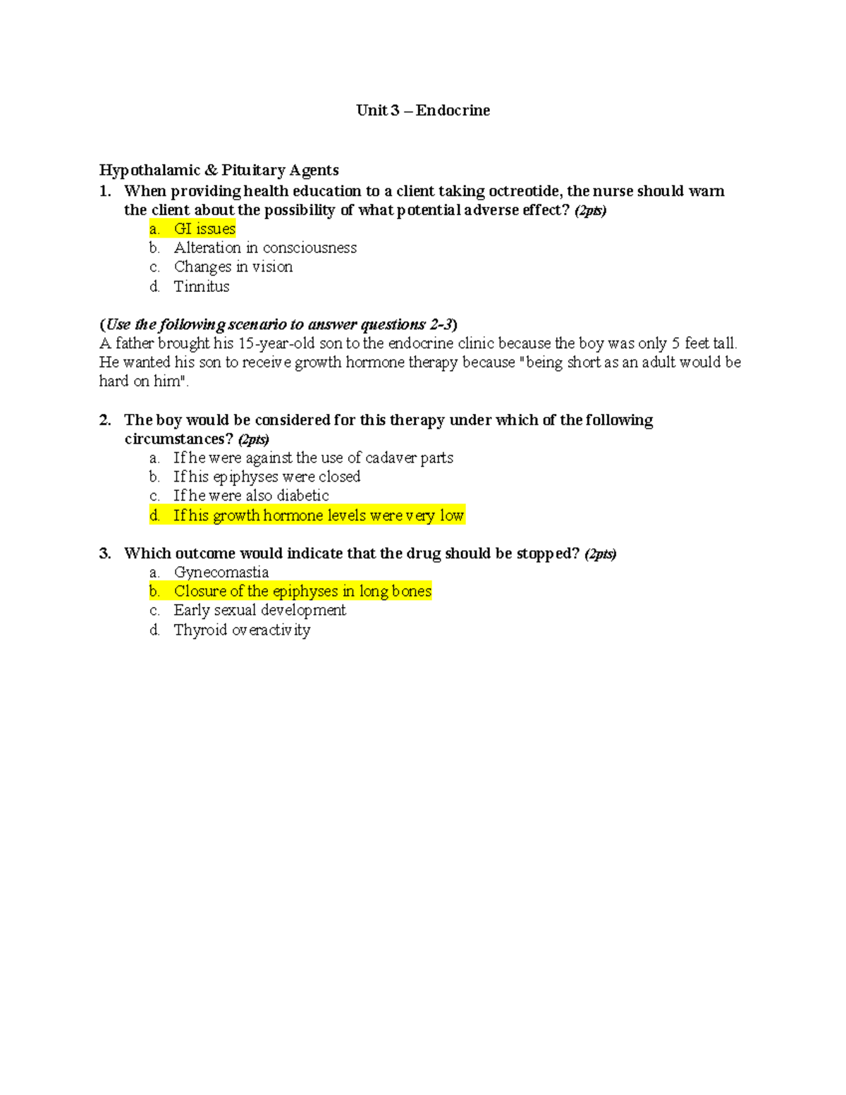 Unit 3 Case Studies - case study - Unit 3 – Endocrine Hypothalamic & Pituitary Agents When - Studocu