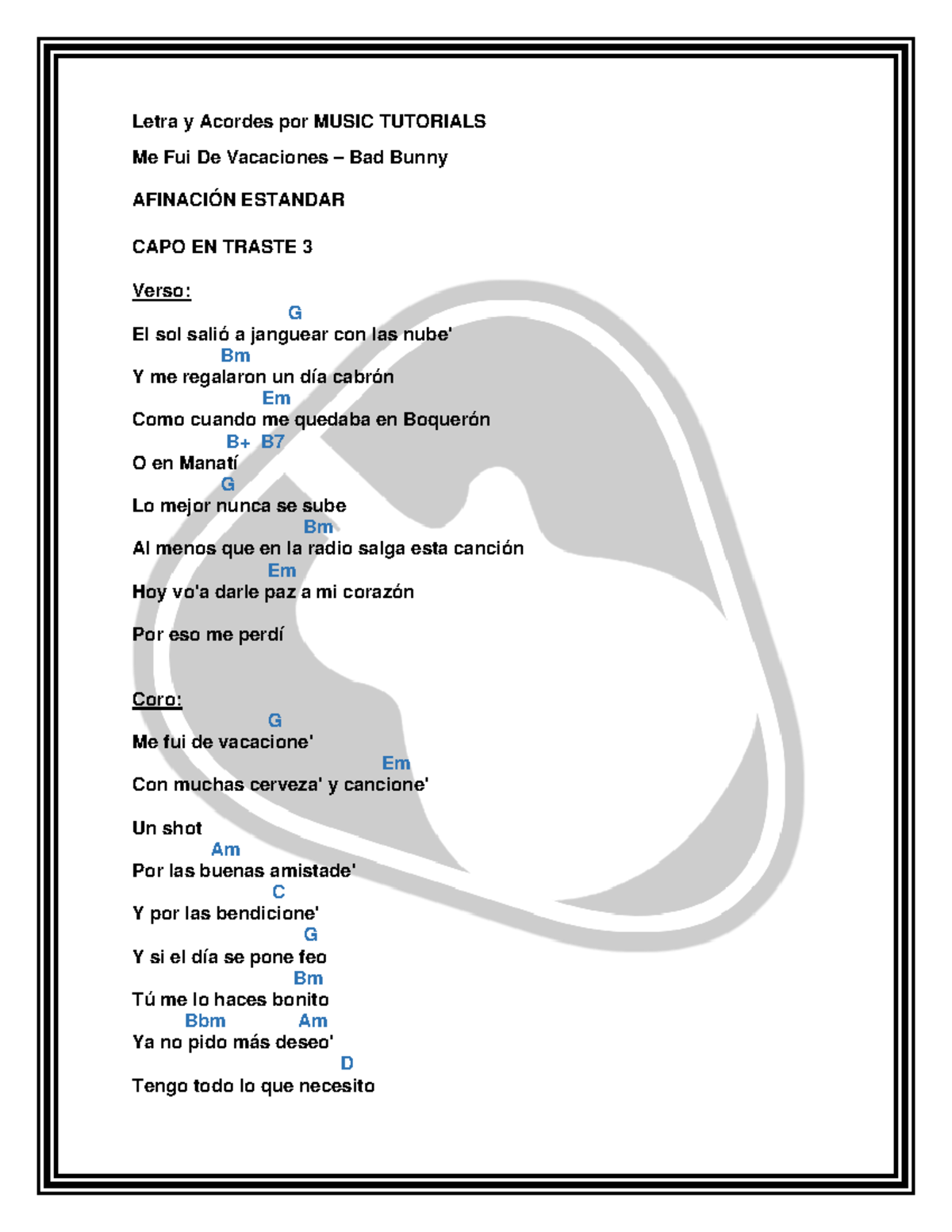 Me Fui de Vacaciones Bad Bunny Letra y Acordes by Musictutorials ...