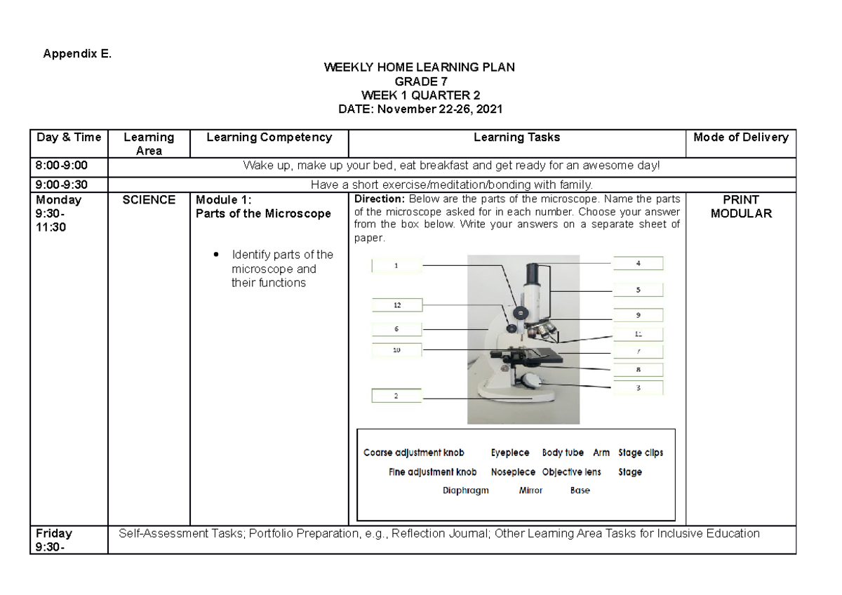 Week1 2 - DLL - Appendix E. WEEKLY HOME LEARNING PLAN GRADE 7 WEEK 1 ...