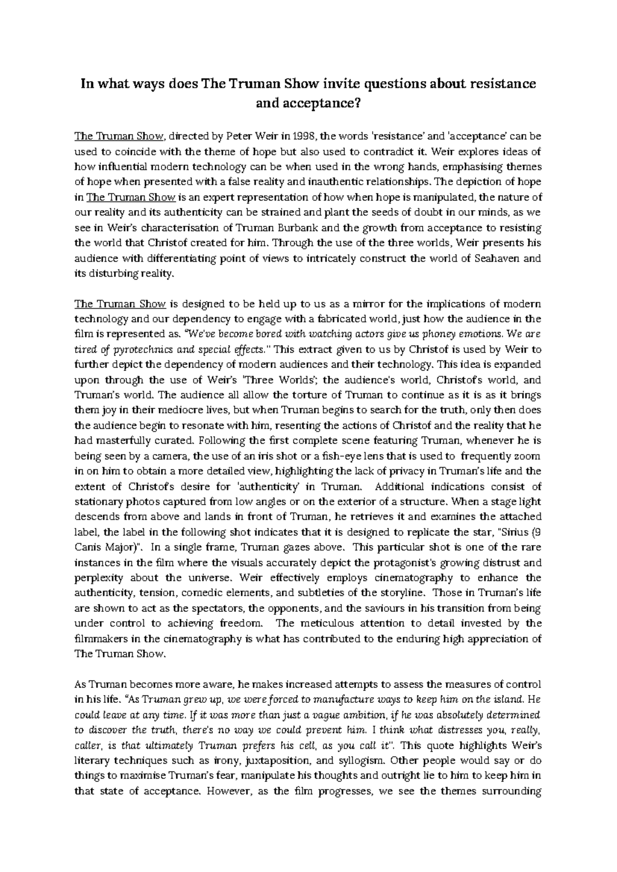 English Essay - Truman Show - In what ways does The Truman Show invite ...