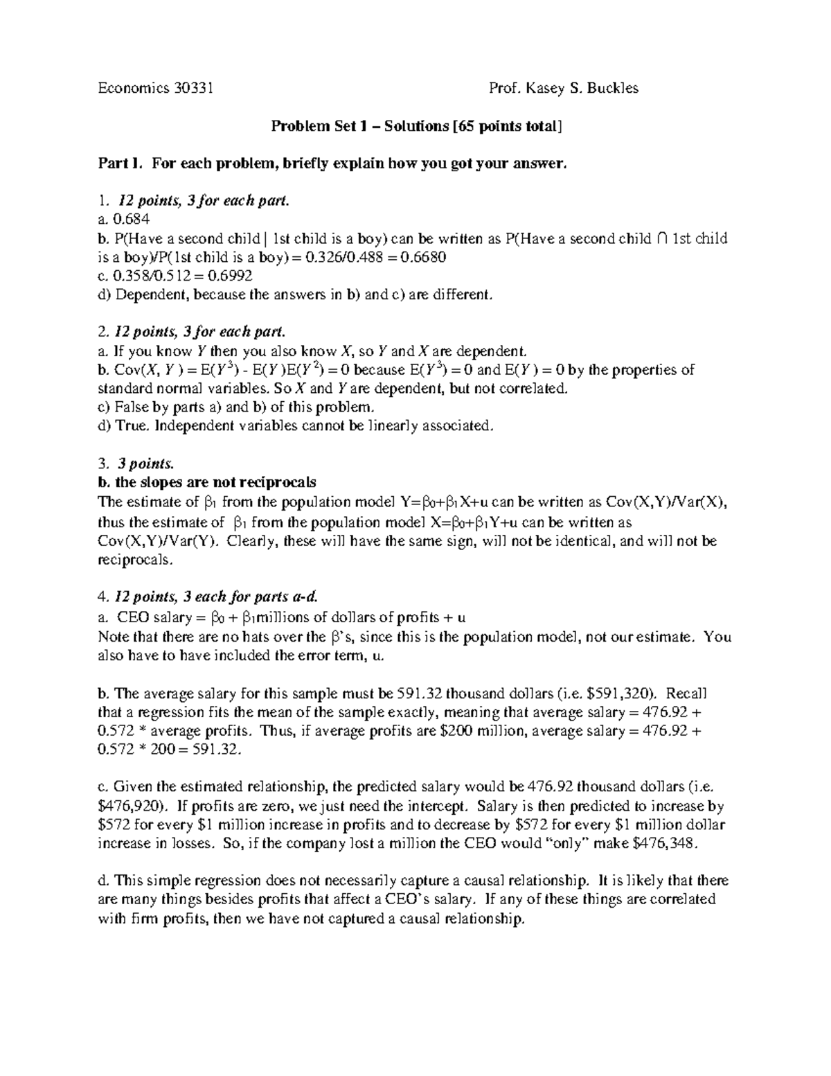 Problem Set 1 Solutions Economics 30331 Prof Kasey S Buckles Problem Set 1 Solutions [65