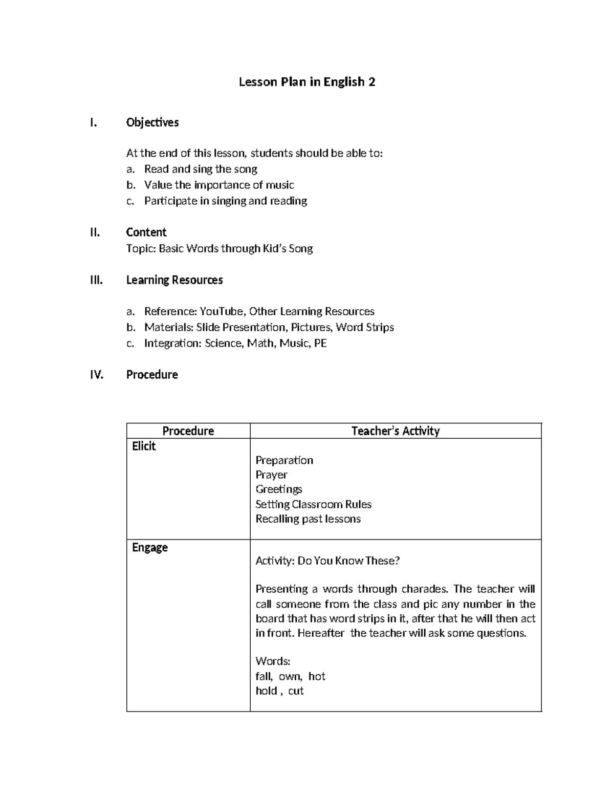 Lesson-Plan-in-English-2 - Lesson Plan in English 2 I. Objectives At ...