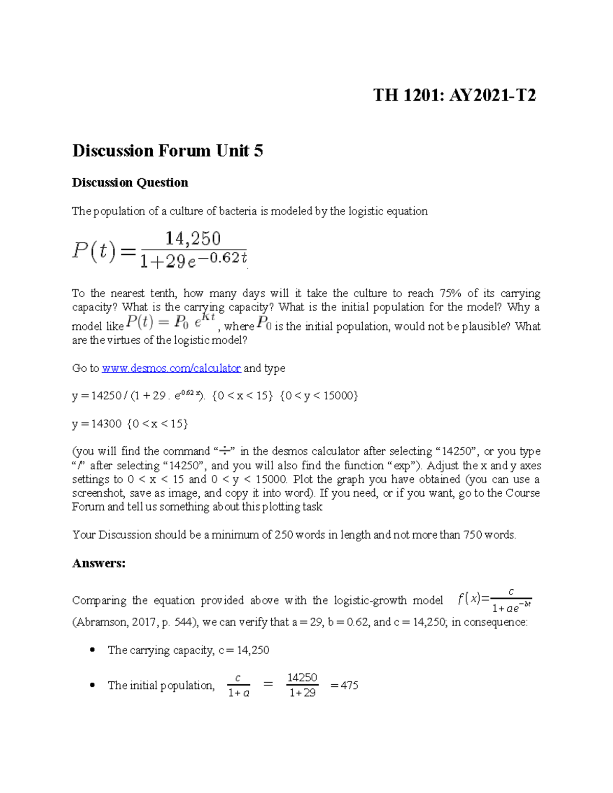 MATH 1201 - Discussion Forum Unit 5 - TH 1201: AY2021-T Discussion ...