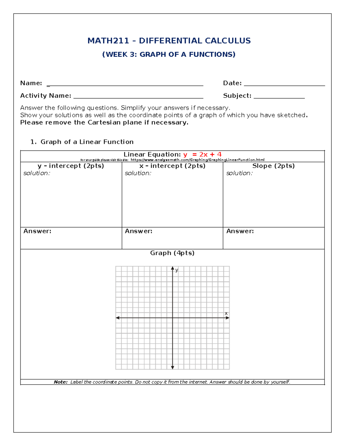 WEEK 3 - Graph OF A Function - Name: _ Date: Activity Name: Subject ...