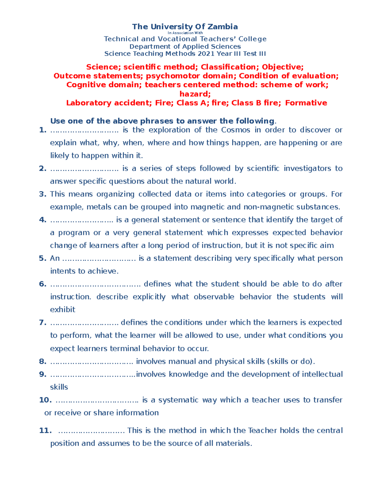 STM TEST 3 2021 YR 3 - The University Of Zambia In Association With ...