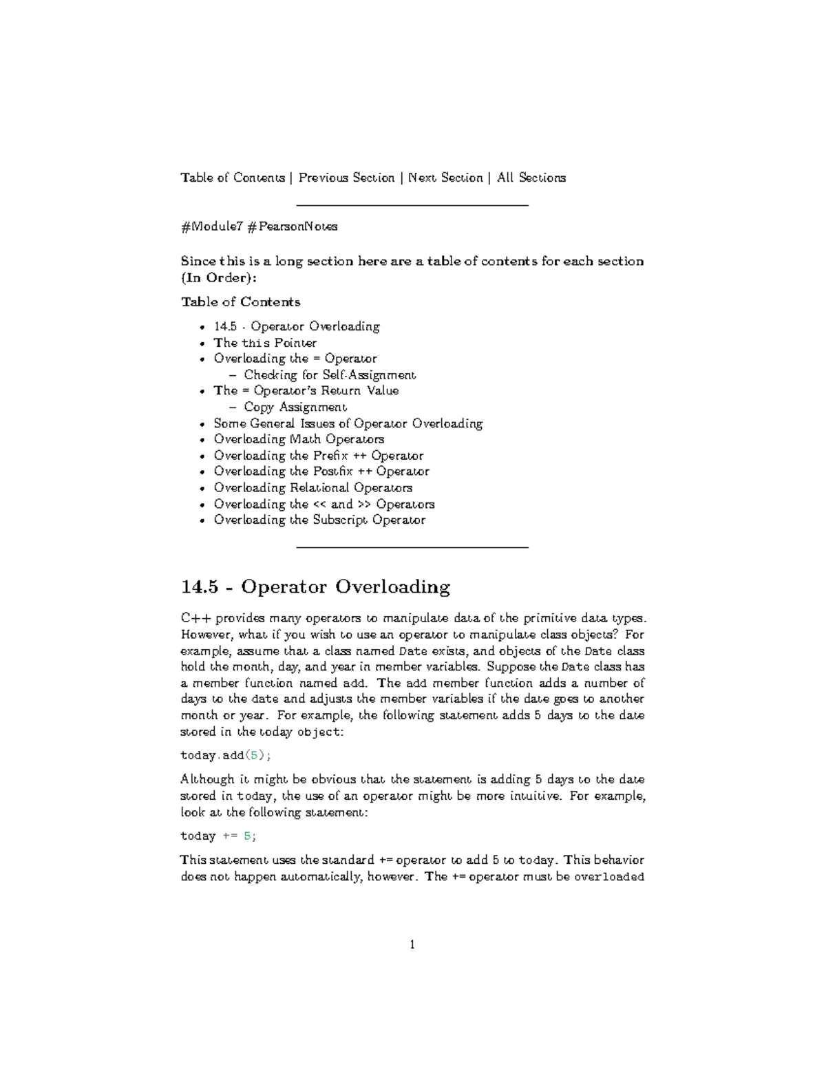 145 Operator Overloading Table Of Contents Previous Section Next Section All Sections 