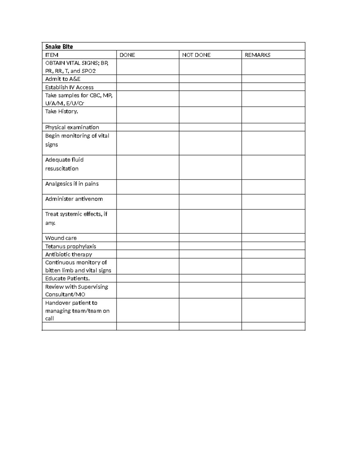 Snake Bite checklist - Snake Bite ITEM DONE NOT DONE REMARKS OBTAIN ...