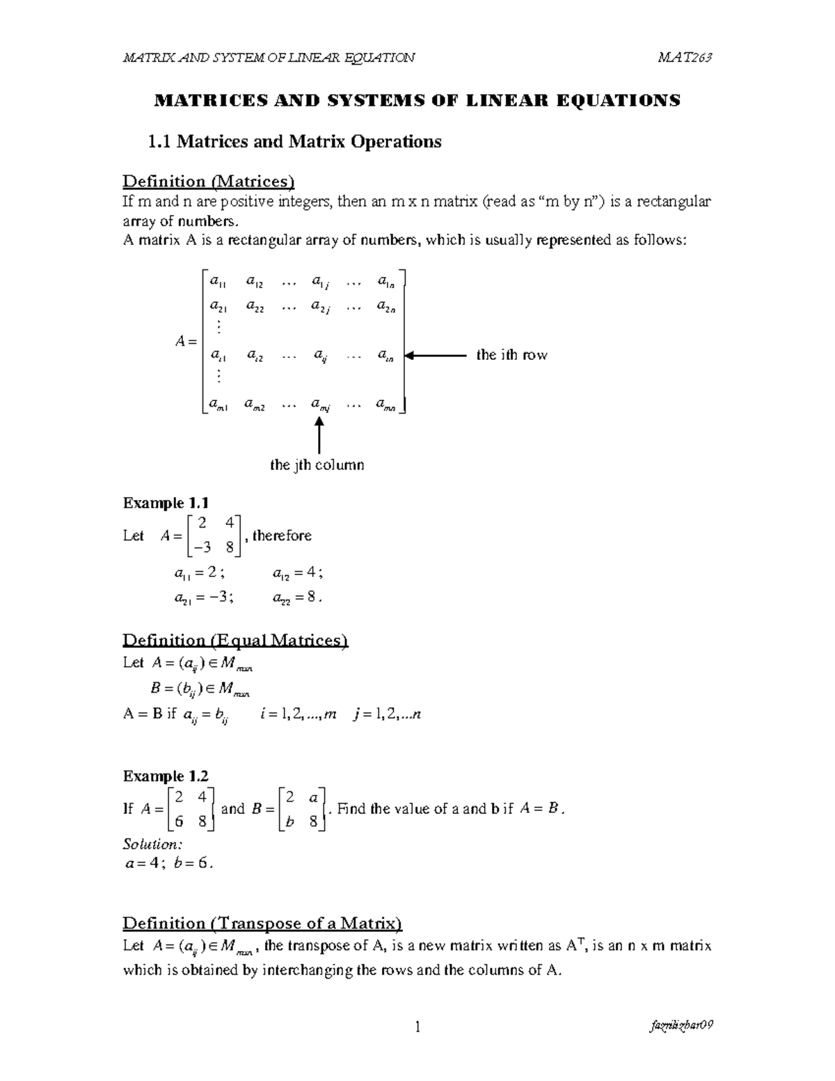 Chapter 1 - good - MATRICES AND SYSTEMS OF LINEAR EQUATIONS 1 Matrices ...