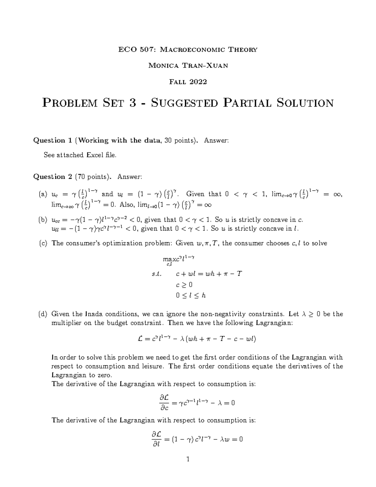 ECO507 MTX PS3 Solution - ECO 507: Macroeconomic Theory Monica Tran-Xuan Fall 2022 Problem Set 3 ...