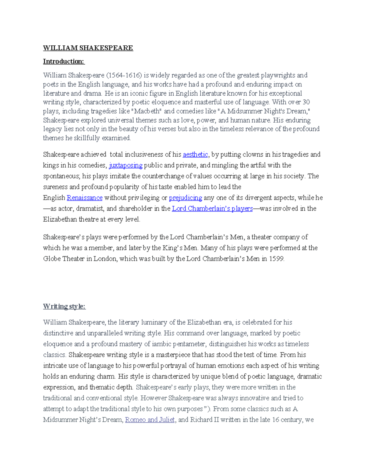 William shakespeare - WILLIAM SHAKESPEARE Introduction: William ...