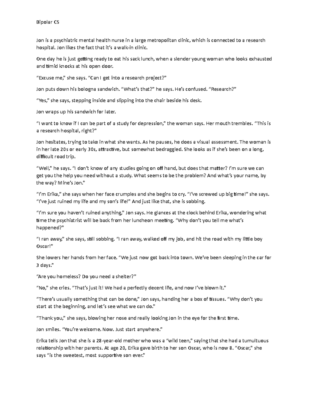 Bipolar Case Study - assignment - Bipolar CS Jon is a psychiatric ...