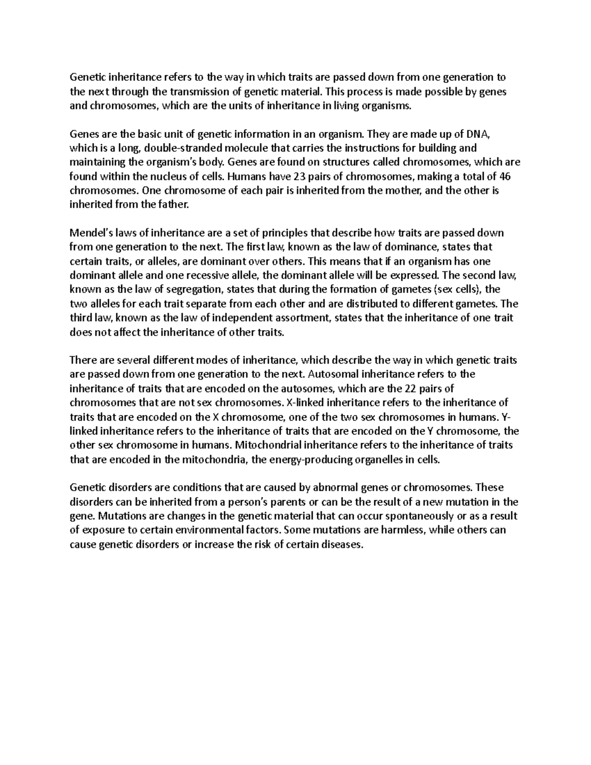 Genetic Inheritance: Traits Laws and Disorders - Studocu