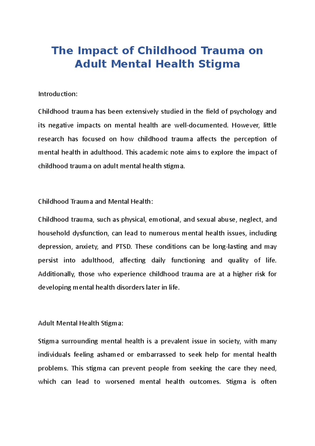 The Impact of Childhood Trauma on Adult Mental Health Stigma - The ...