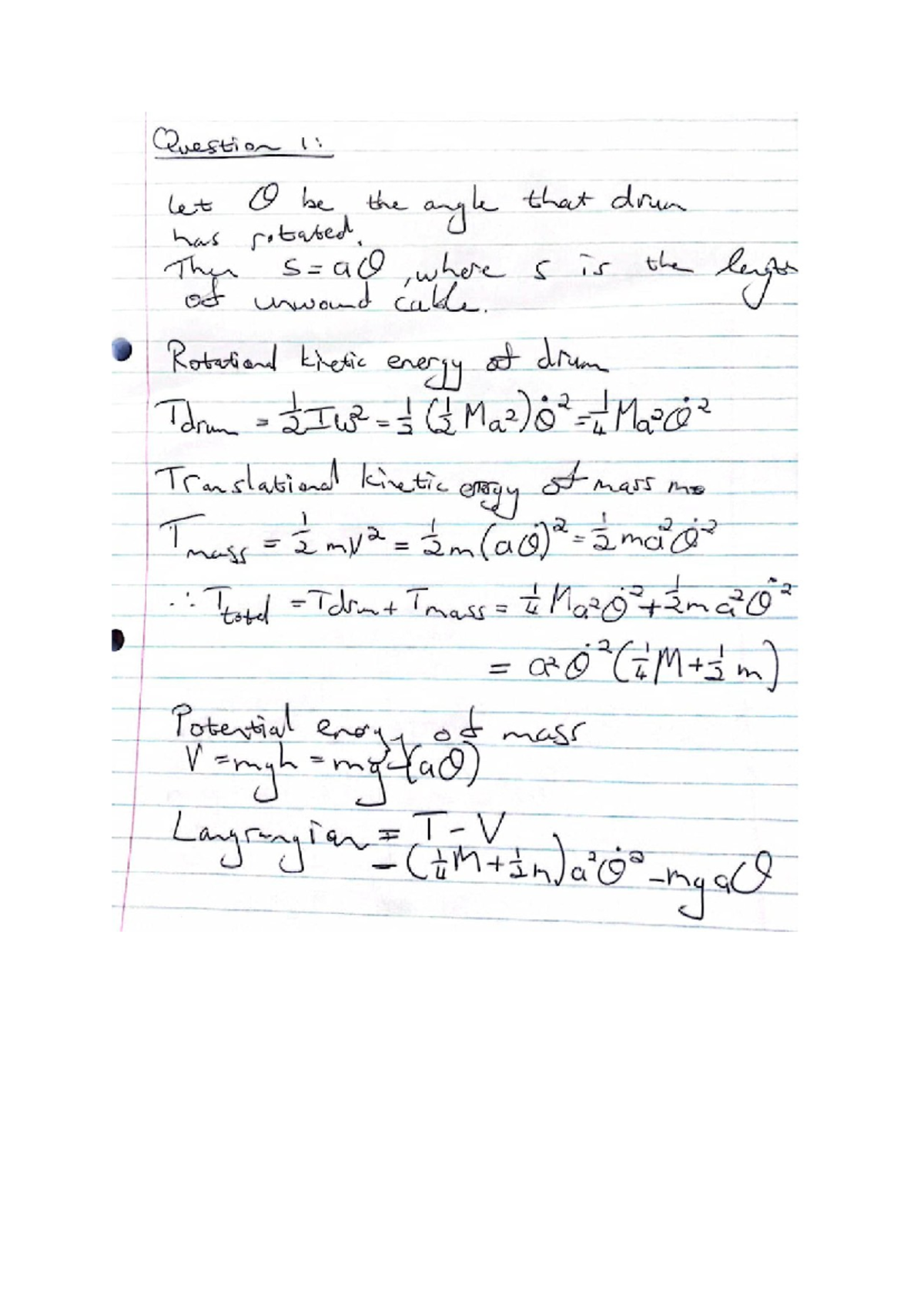 Assignment 2 Solutions PHY2601 2024 - Question 1: let O be the angle that drum has rotated. Then ...