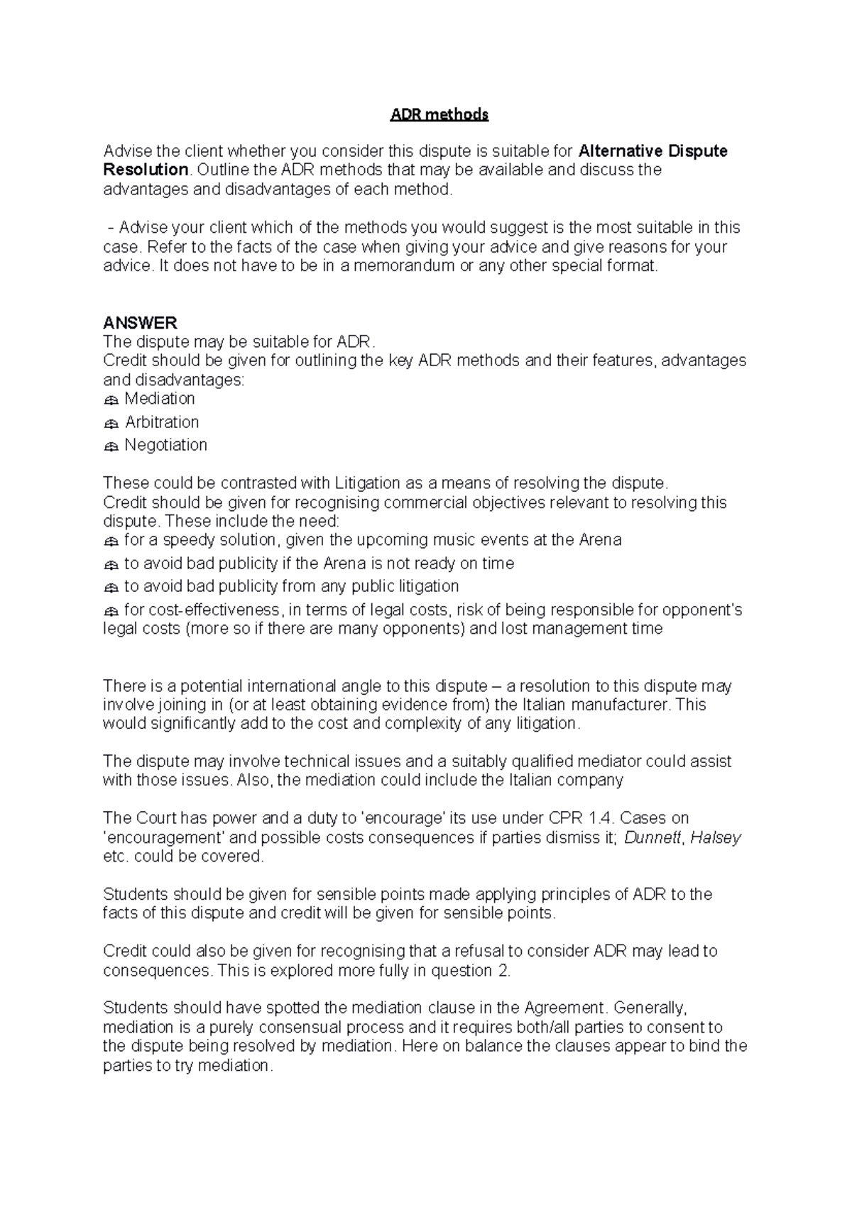 Sample/practice exam Winter 2020, questions and answers - ADR methods ...