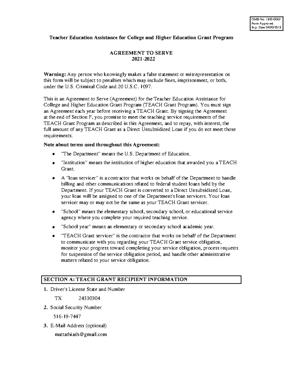 Teach Note - OMB No. 1845- Form Approved Exp. Date 04/30/ Teacher ...