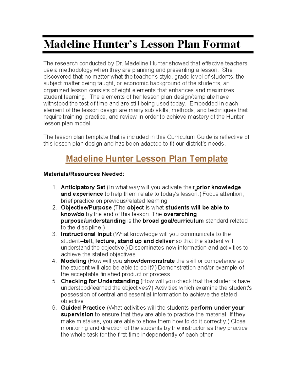 Madeline hunters lesson plan format - Madeline Hunter’s Lesson Plan ...