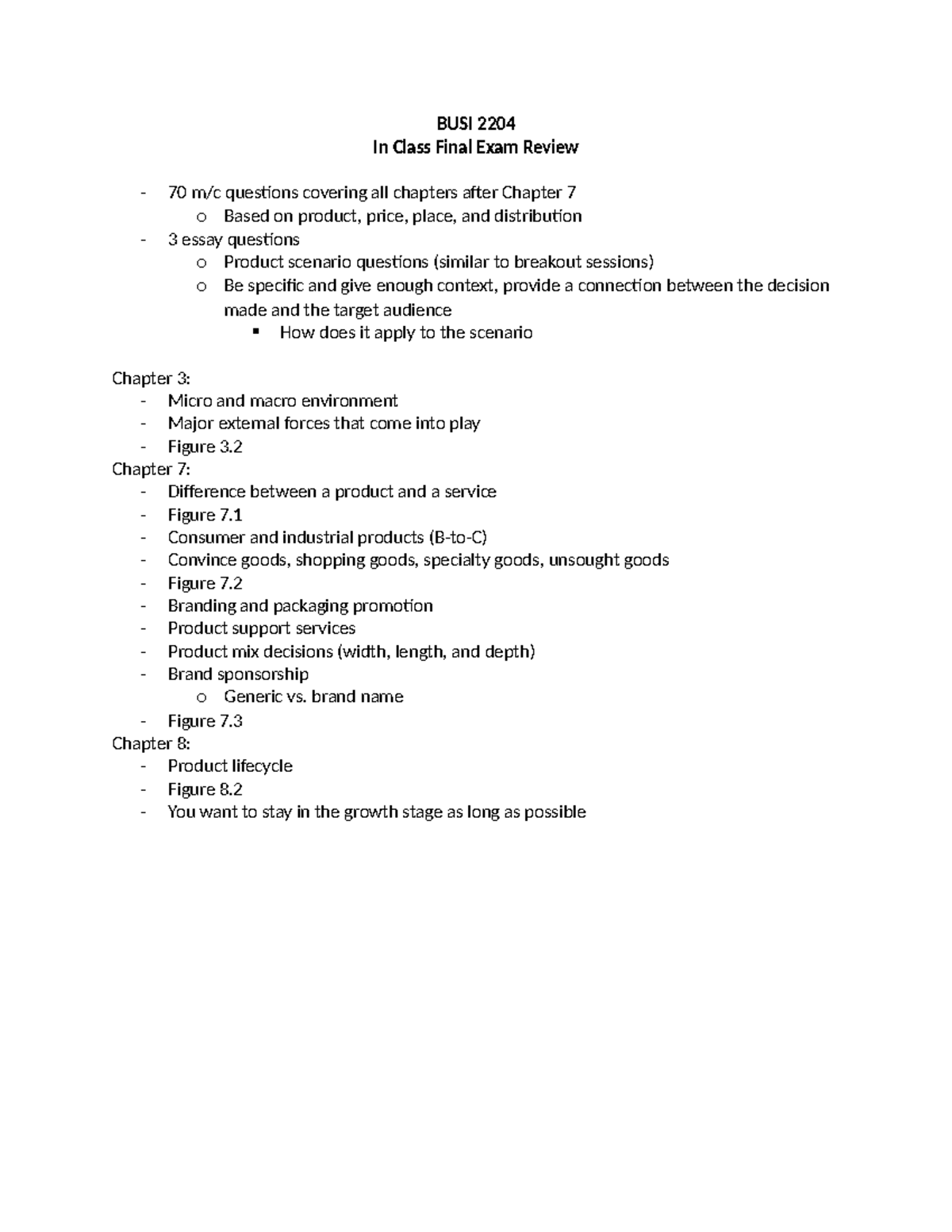 BUSI 2204 - In Class Final Exam Review - BUSI 2204 In Class Final Exam ...