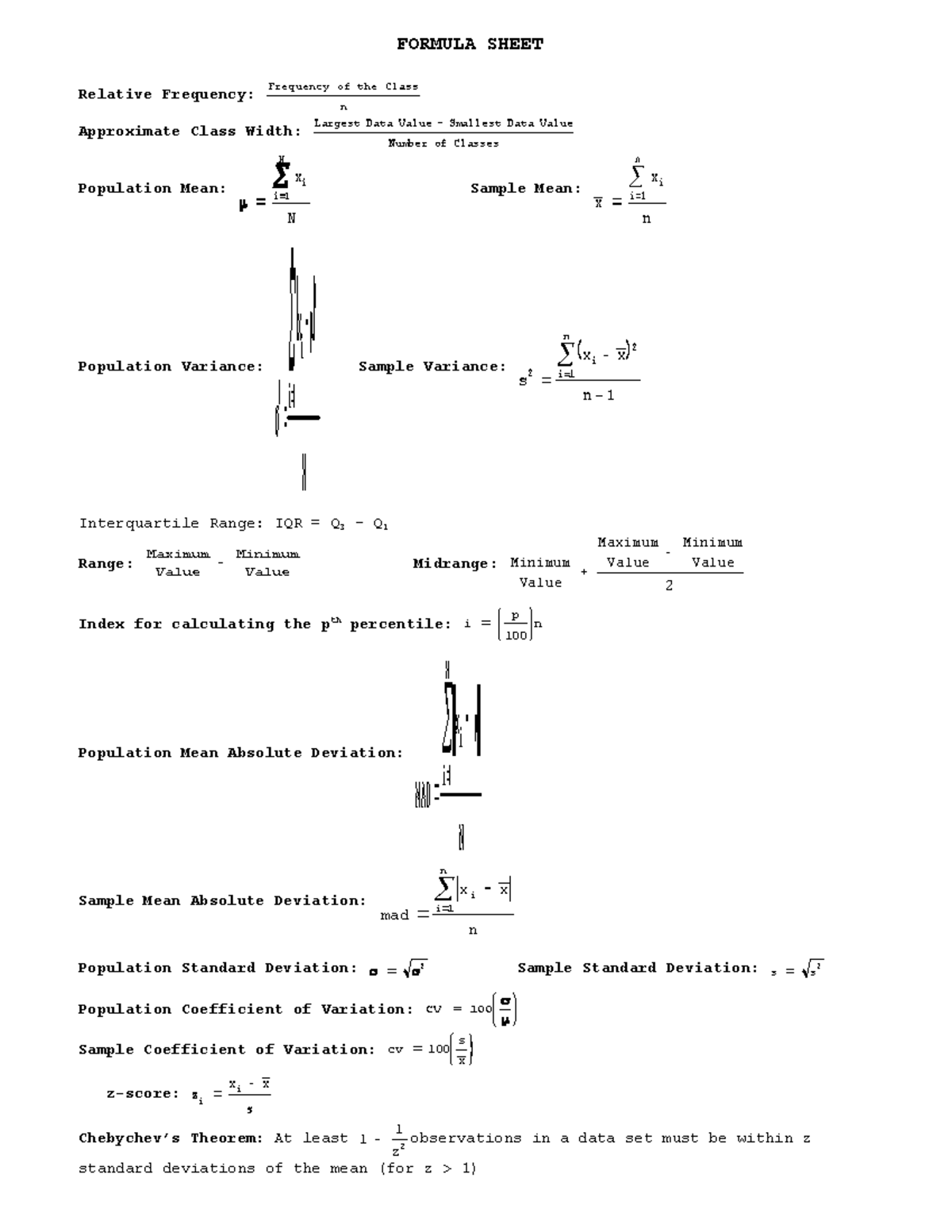 Stats formulas - FORMULA SHEET Frequency of the Class Relative ...