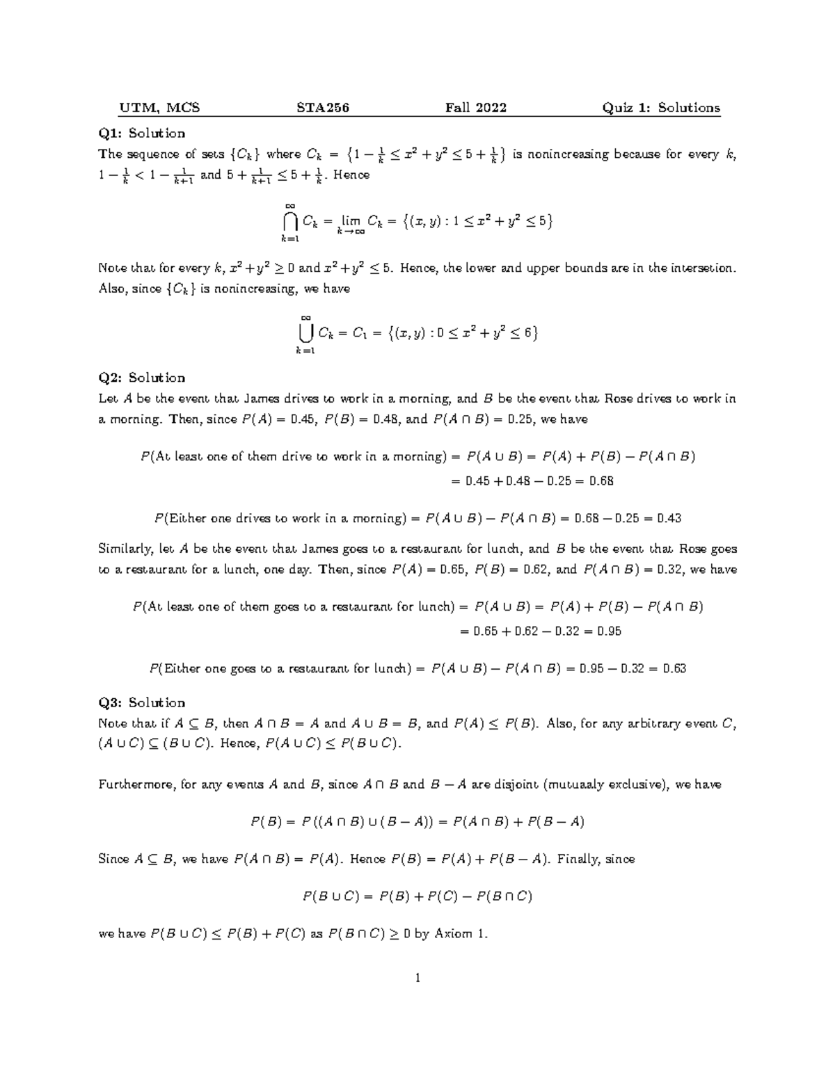 STA256 Fall2020 Quiz1 Solutions - UTM, MCS STA256 Fall 2022 Quiz 1: Solutions Q1: Solution The ...