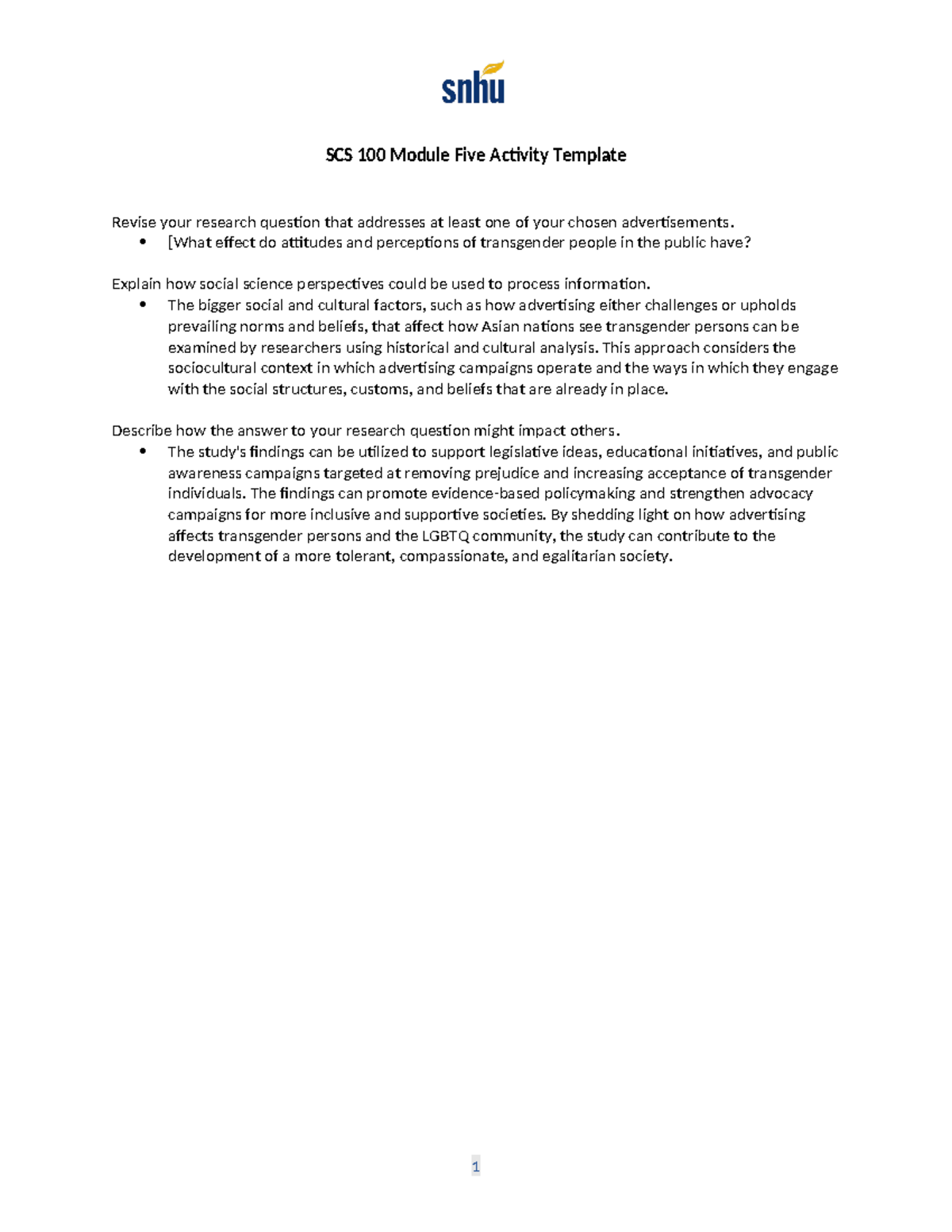 SCS 100 Module Five Activity done2 - [What effect do attitudes and perceptions of transgender ...