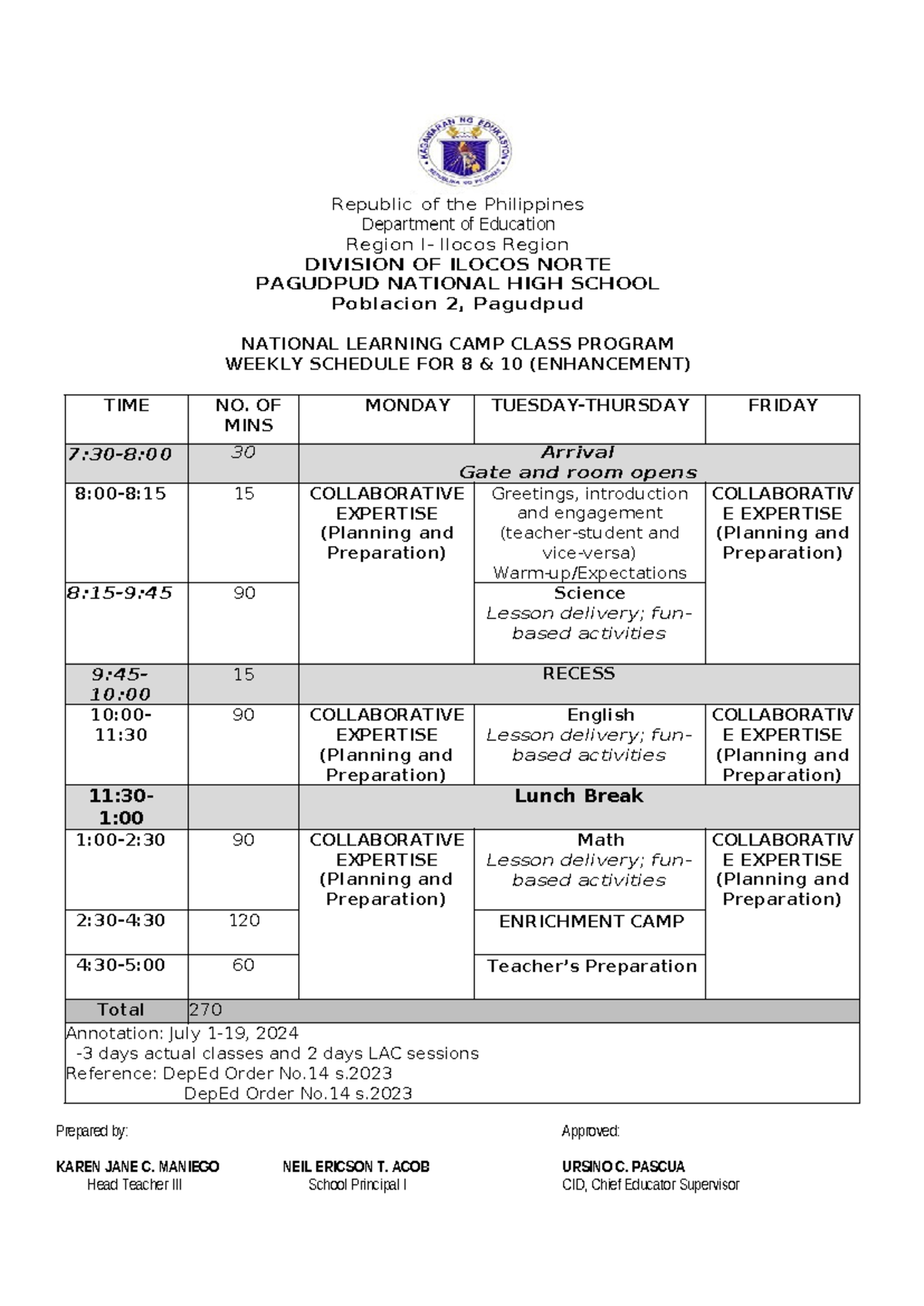 SKED-NLC - nlc documents - Department of Education Region I- Ilocos Region DIVISION OF ILOCOS ...