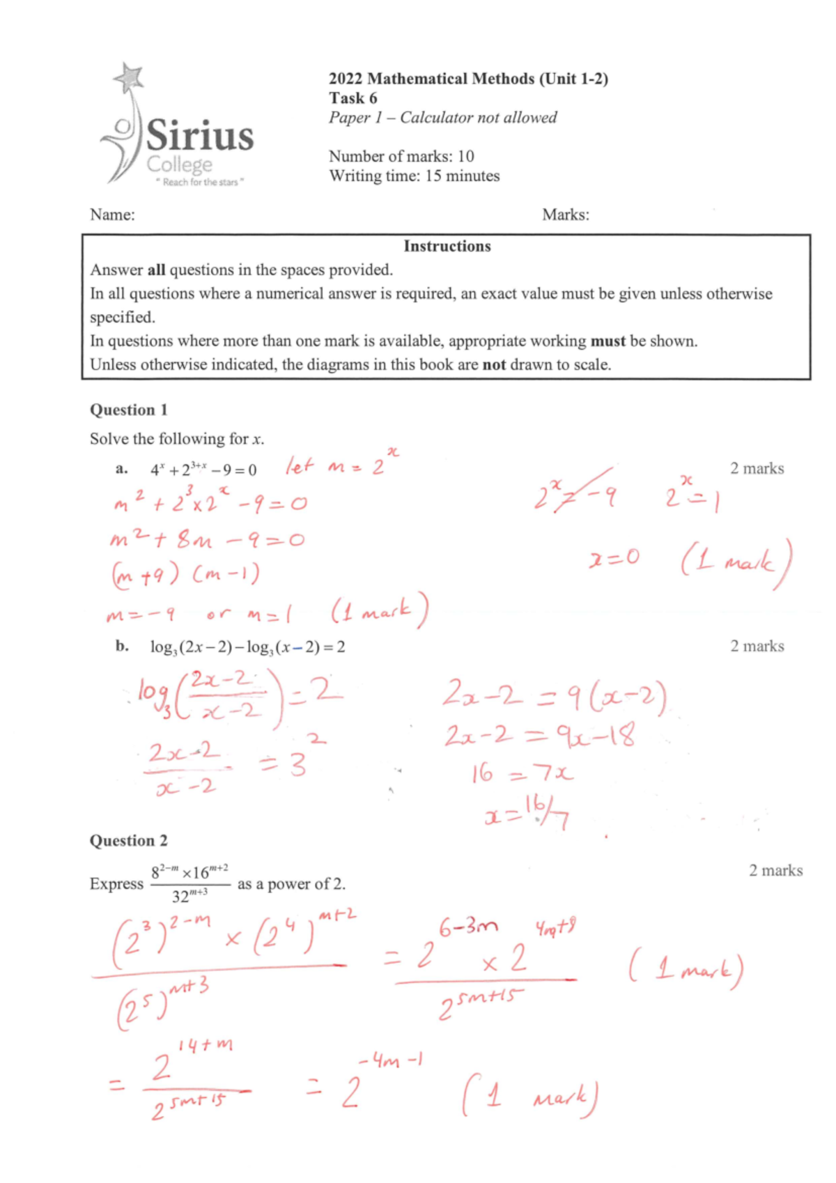 2022 MMU12 Task 6 Marking Guide - 2022 Mathematical Methods (Unit Task 6 Paper 1 Calculator not ...