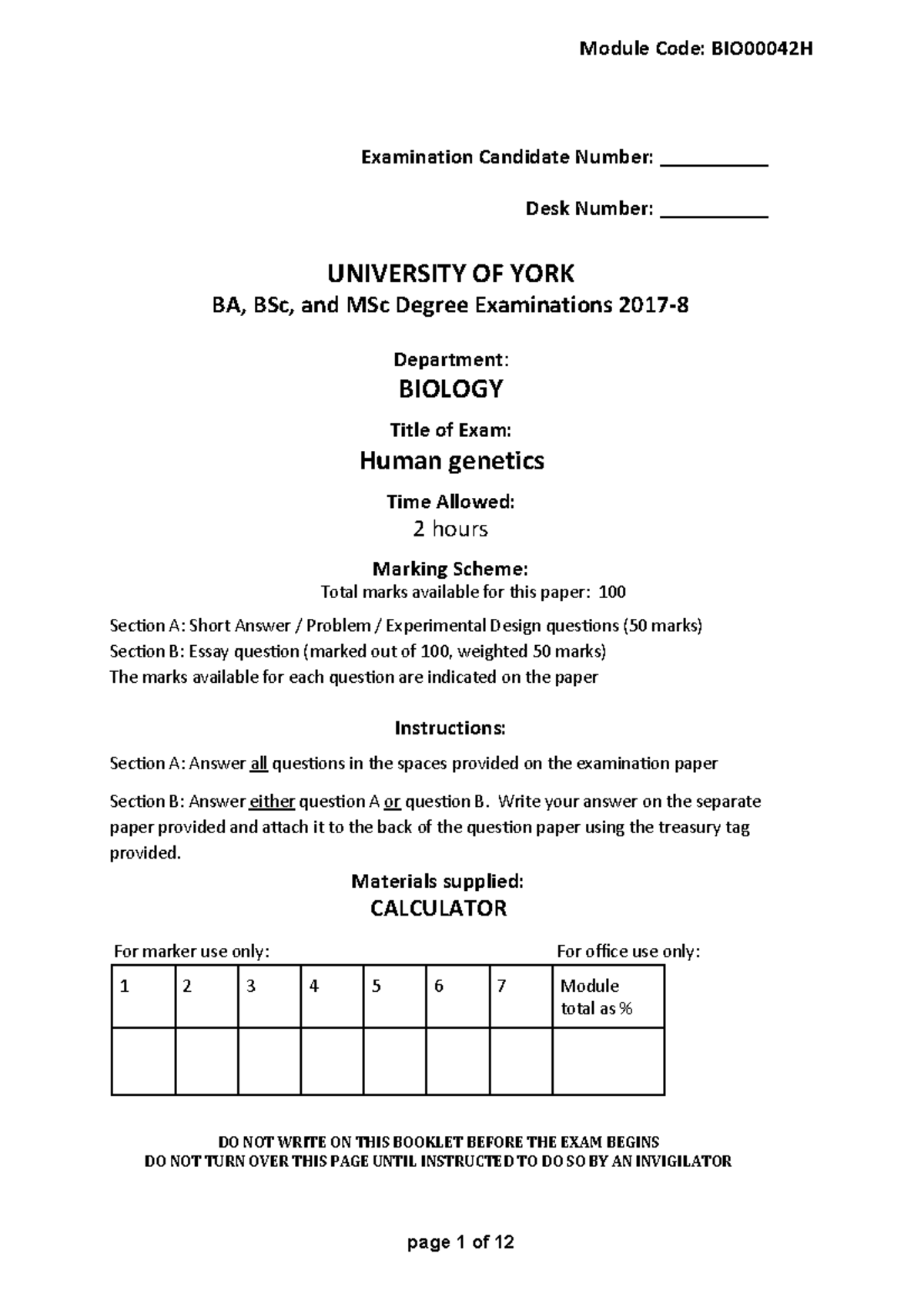 Human Genetics Questions Only Warning Tt Undefined Function 32 Examination Candidate Number