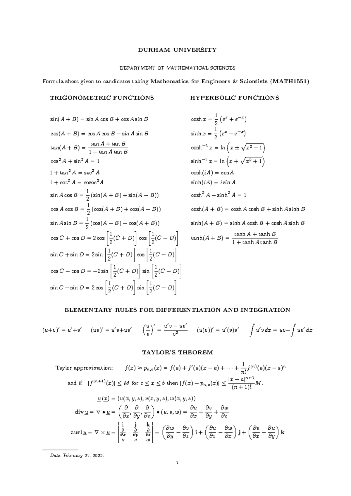 Mes Formula Sheet Summary Maths For Engineers And Scientists Durham University Department Of