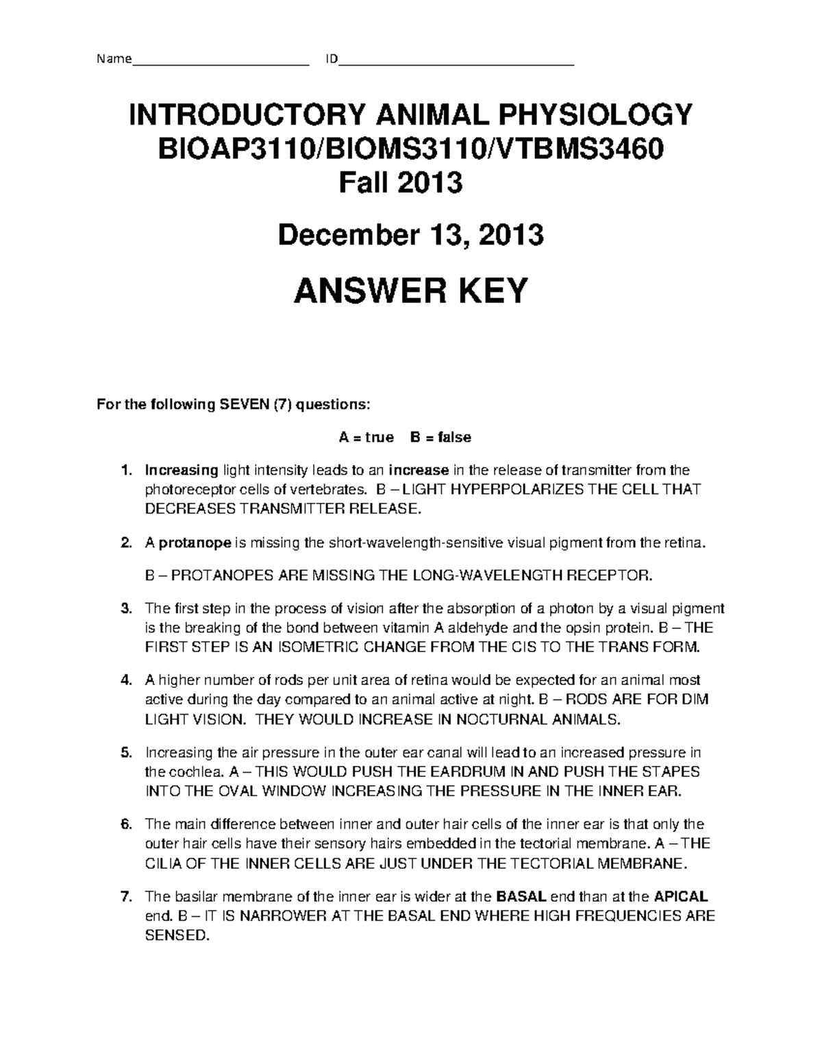 Final Exam Key - INTRODUCTORY ANIMAL PHYSIOLOGY BIOAP3110/BIOMS3110 ...