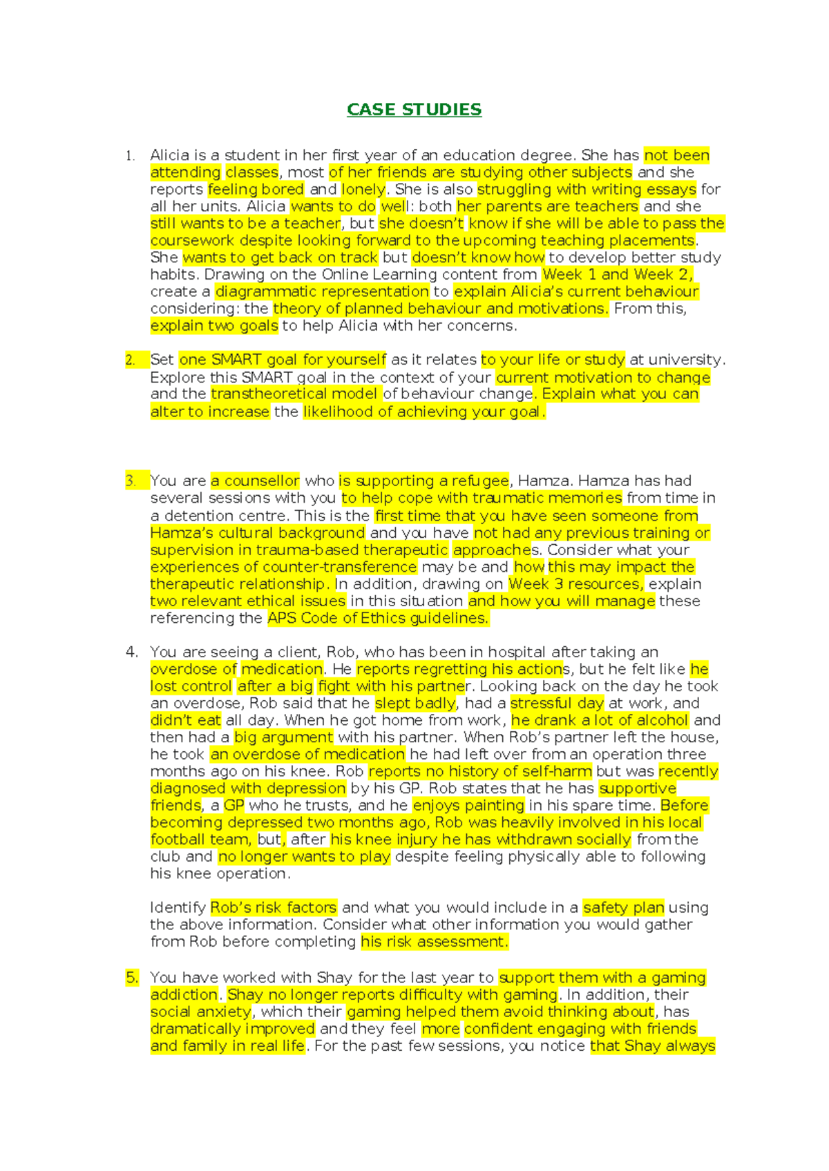 A1 CASE Studies 2024 - CASE STUDIES Alicia is a student in her first ...