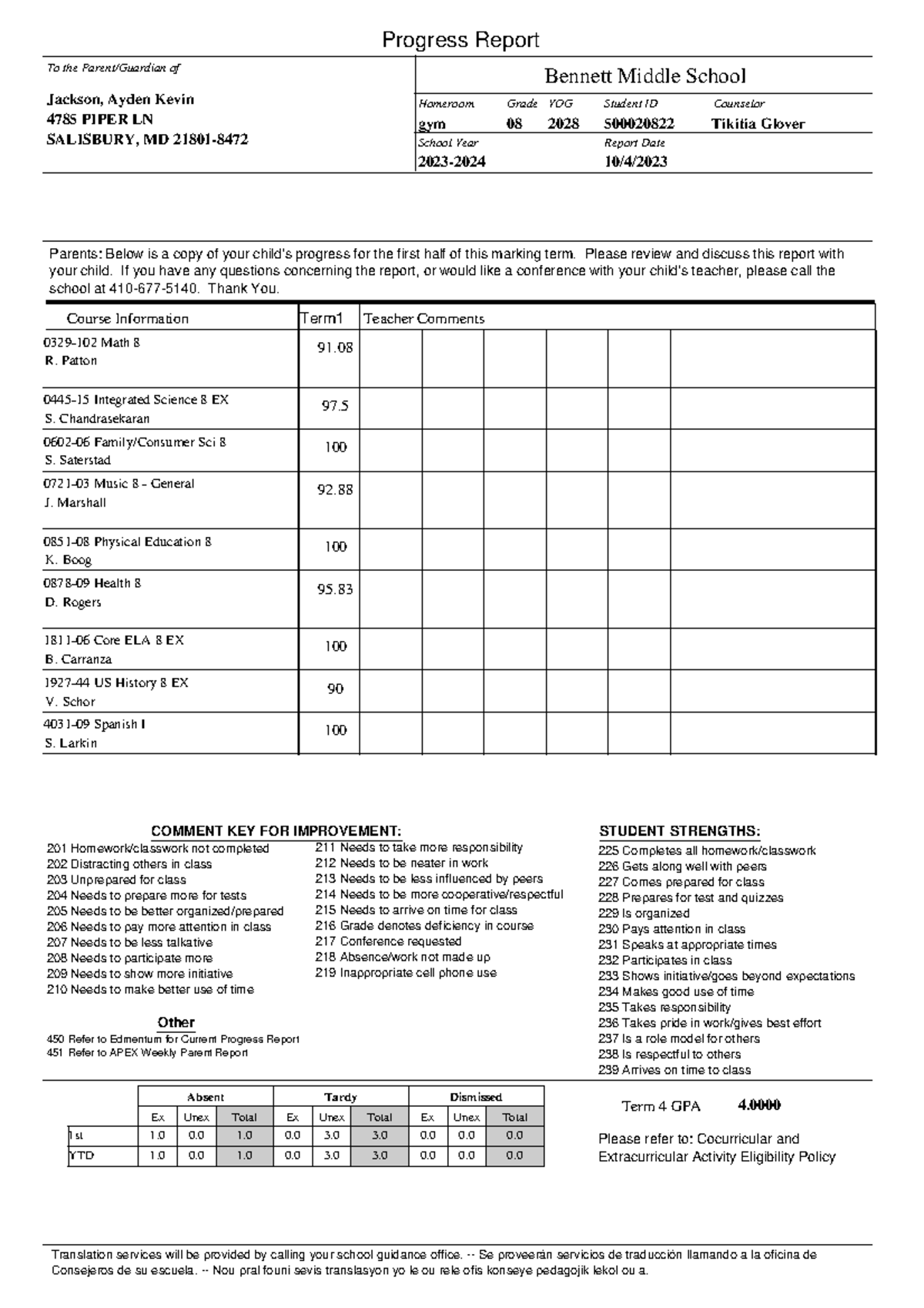 Mid Term Report - Middle School - Progress Report Bennett Middle School ...