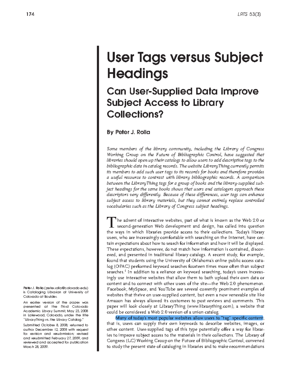 Lectura de user tags - 174 LRTS 53(3) Peter J. Rolla (peter@colorado ...
