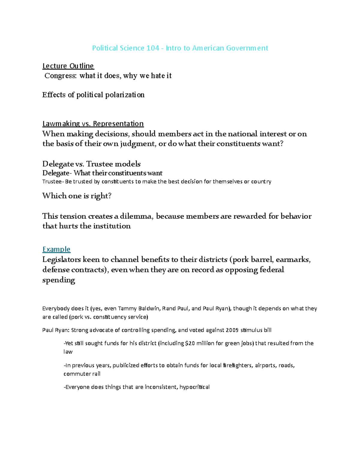 Lecture+Outline+October+8 - Political Science 104 - Intro to American ...