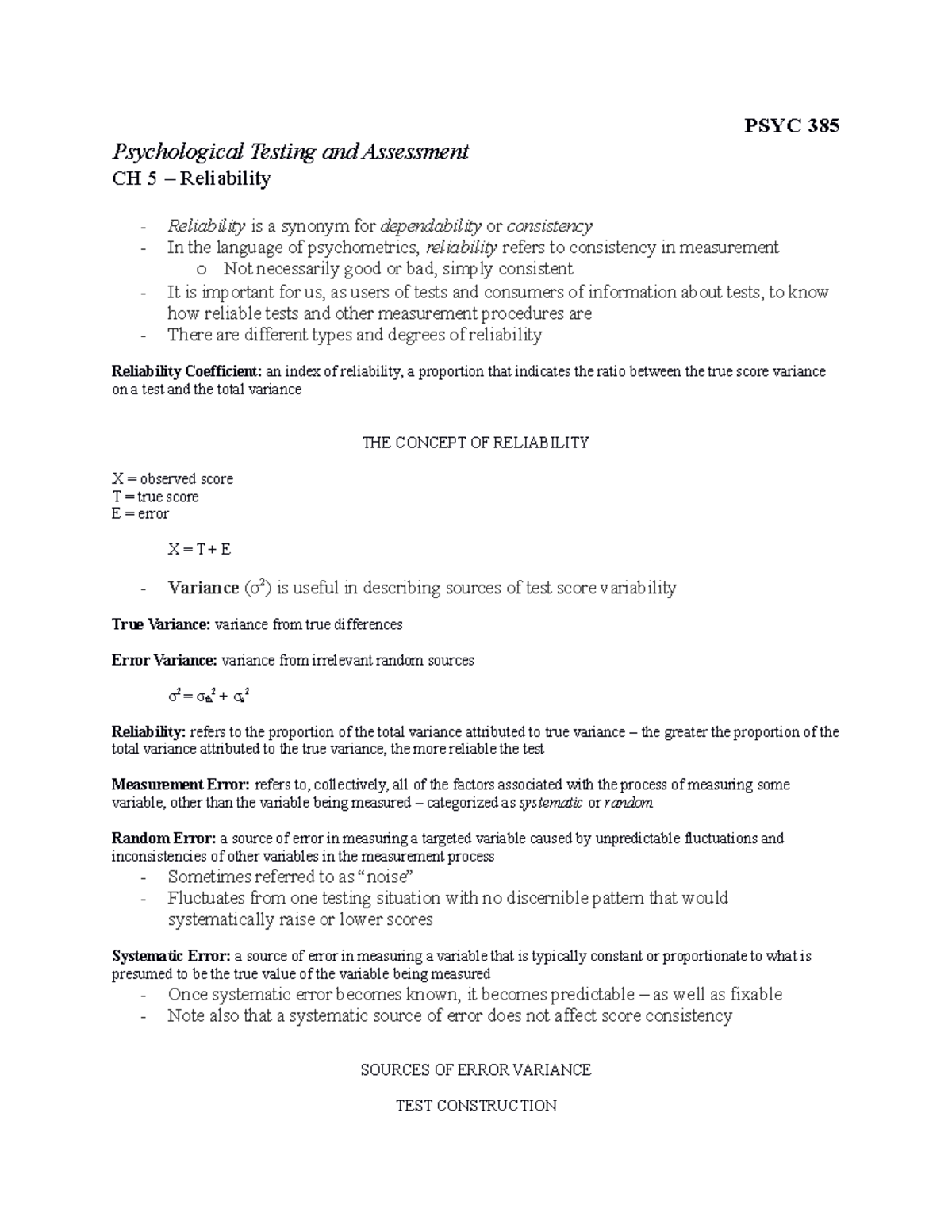 Psychology 385 Chapter 5 Notes - PSYC 385 Psychological Testing and ...