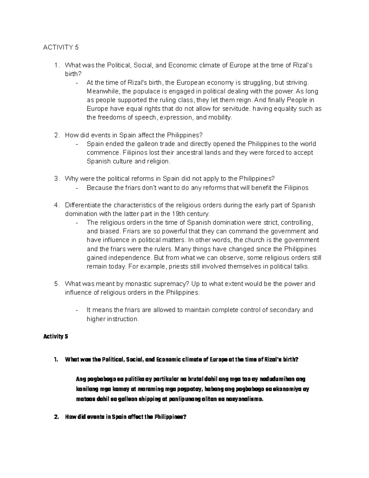 CX5 - Rizal-Chapter-5 - ACTIVITY 5 What was the Political, Social, and Economic climate of ...