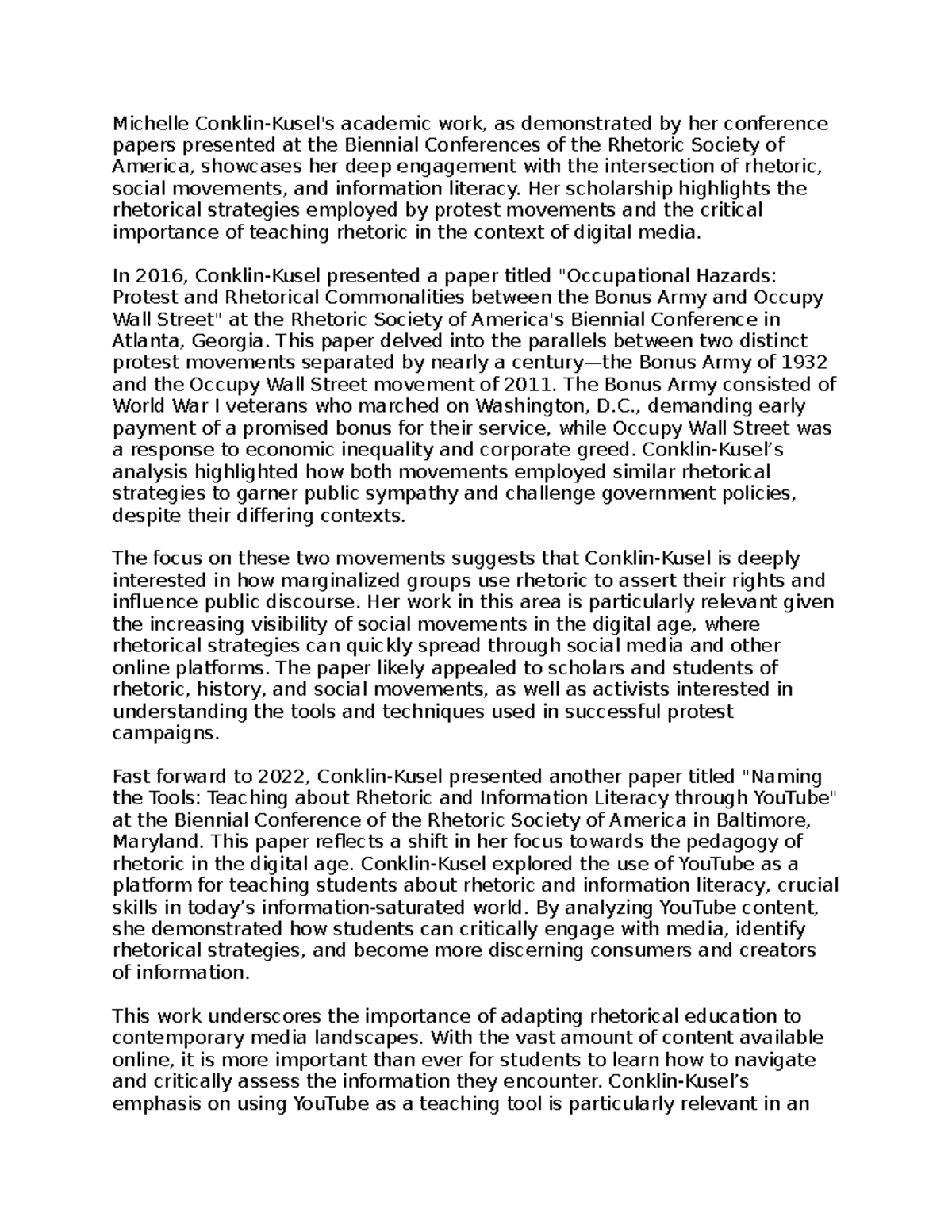 Michelle Conklin - Work - Michelle Conklin-Kusel's academic work, as ...