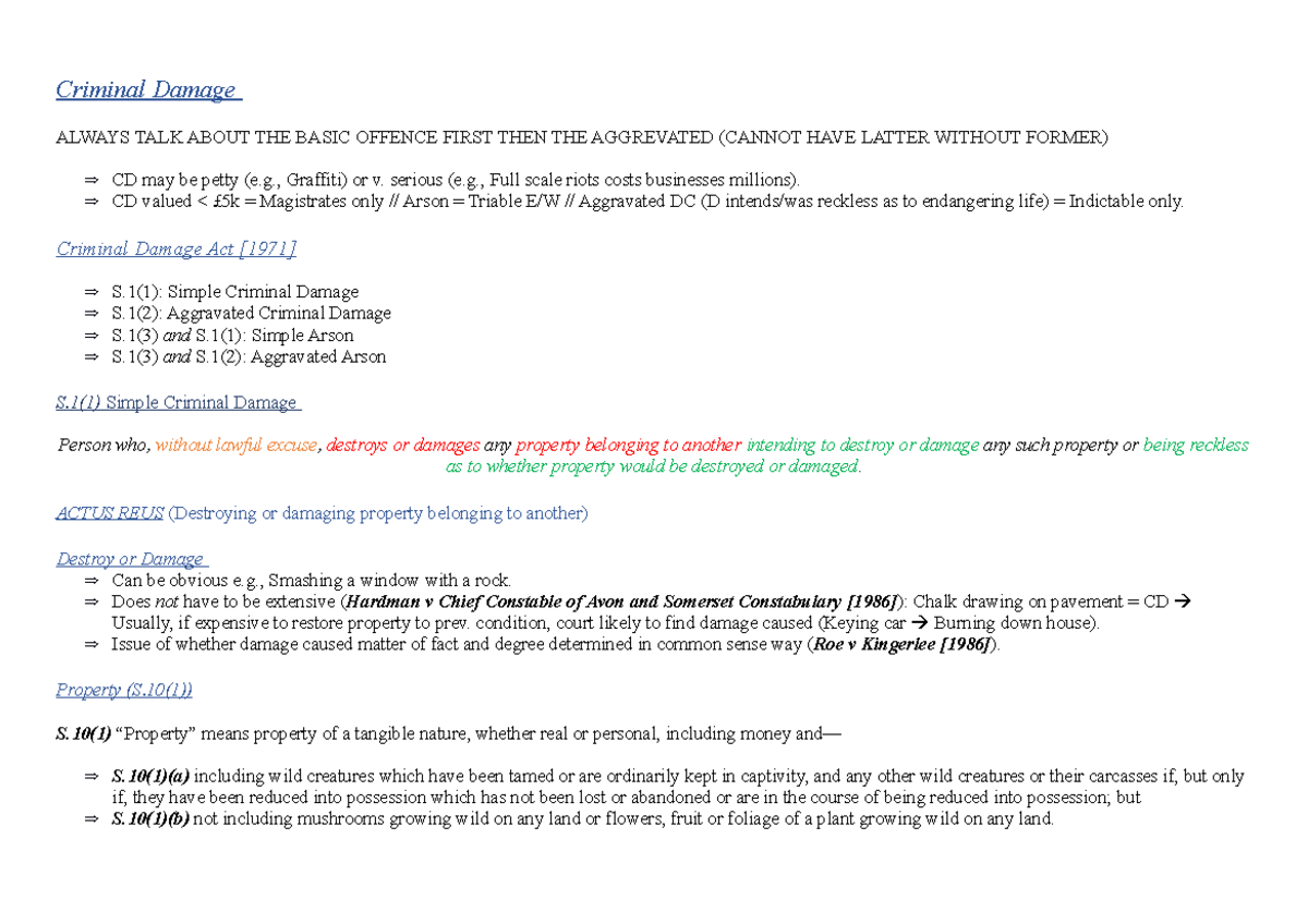 Criminal Damage Notes - Criminal Damage ALWAYS TALK ABOUT THE BASIC ...