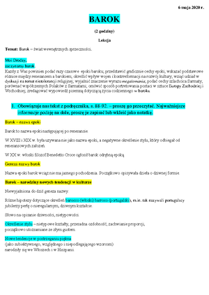 Polski - Barok - Charakterystyka epoki baroku. • BarokBarok - Nazwa epoki pochodzi ...